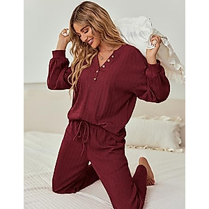 Ekouaer Womens Long Sleeve Knit Lounge Set Casual Sweater Slouchy Pajama Set Cozy Loose Loungewear for Winter with Pockets (Wine Red, M)