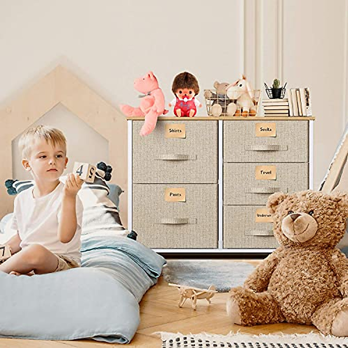 Pipishell Fabric Dresser, 5 Drawer Storage Chest Tower, Organizer Unit for Bedroom, Hallway, Entryway, Closets and Living Room -Sturdy Steel Frame, Wood Top, Easy Pull