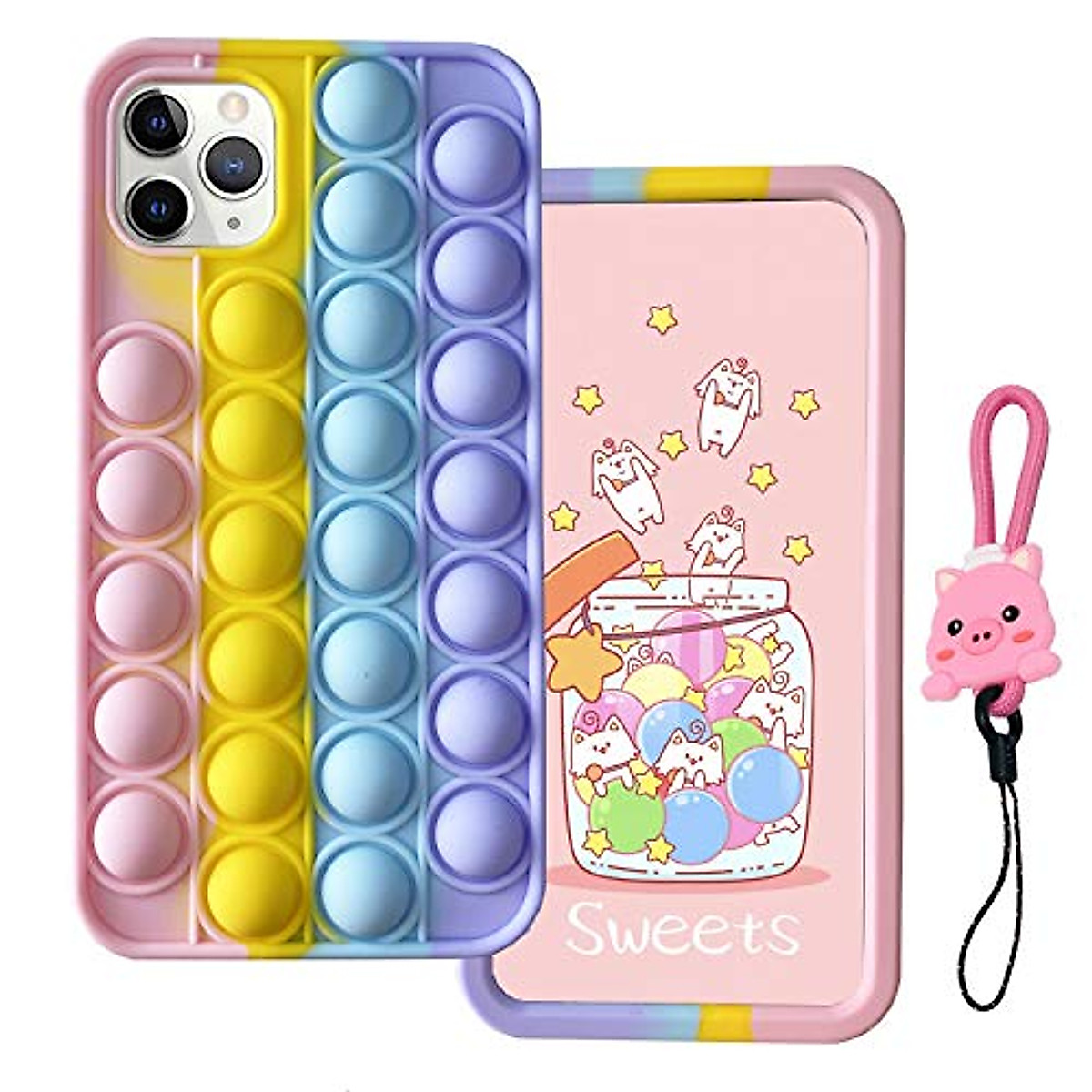 MME Pop It Phone Case for iPhone 4 / 4s Case for Girls Women Cute Cartoon Fun Funny Soft Silicone Cover, Stress Reliever Fidget Bubble Rainbow Unicorn Cases with Pink Pig Lanyard