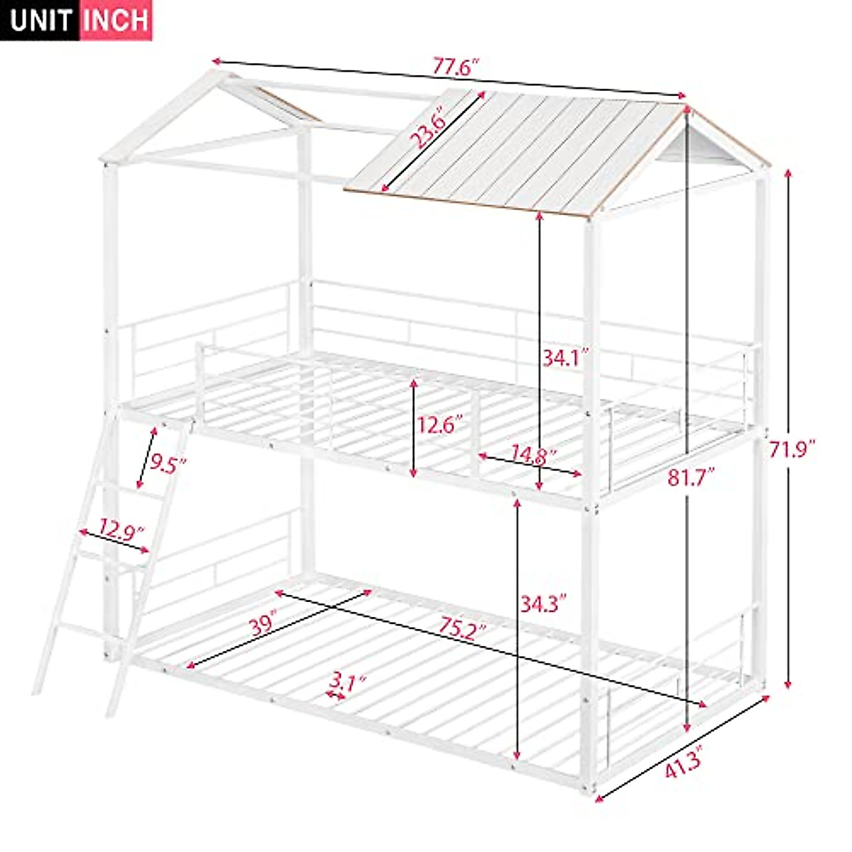 EMKK Twin Over Twin Metal Bunk Bed,House Shaped Low Bunk Beds w/Safety Guardrail & Ladder,Twin Over Twin Bunk Beds for Kids Girls Boys Toddlers,Metal House Bunk Bed Frame with Ladder