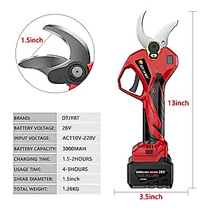 DTJYRT Electric Pruning Shears Cordless Professional Portable Branch Cutter Electric Pruner with 2 PSC Rechargeable 3Ah Lithium Battery 1.38Inch(35MM) Cutting Diameter, 4-6 Working Hours