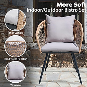 3 Piece Patio Furniture Bistro Set, Outdoor All-Weather Rattan Conversation Set for Garden Balcony Backyard Poolside (Yellow+Gray)