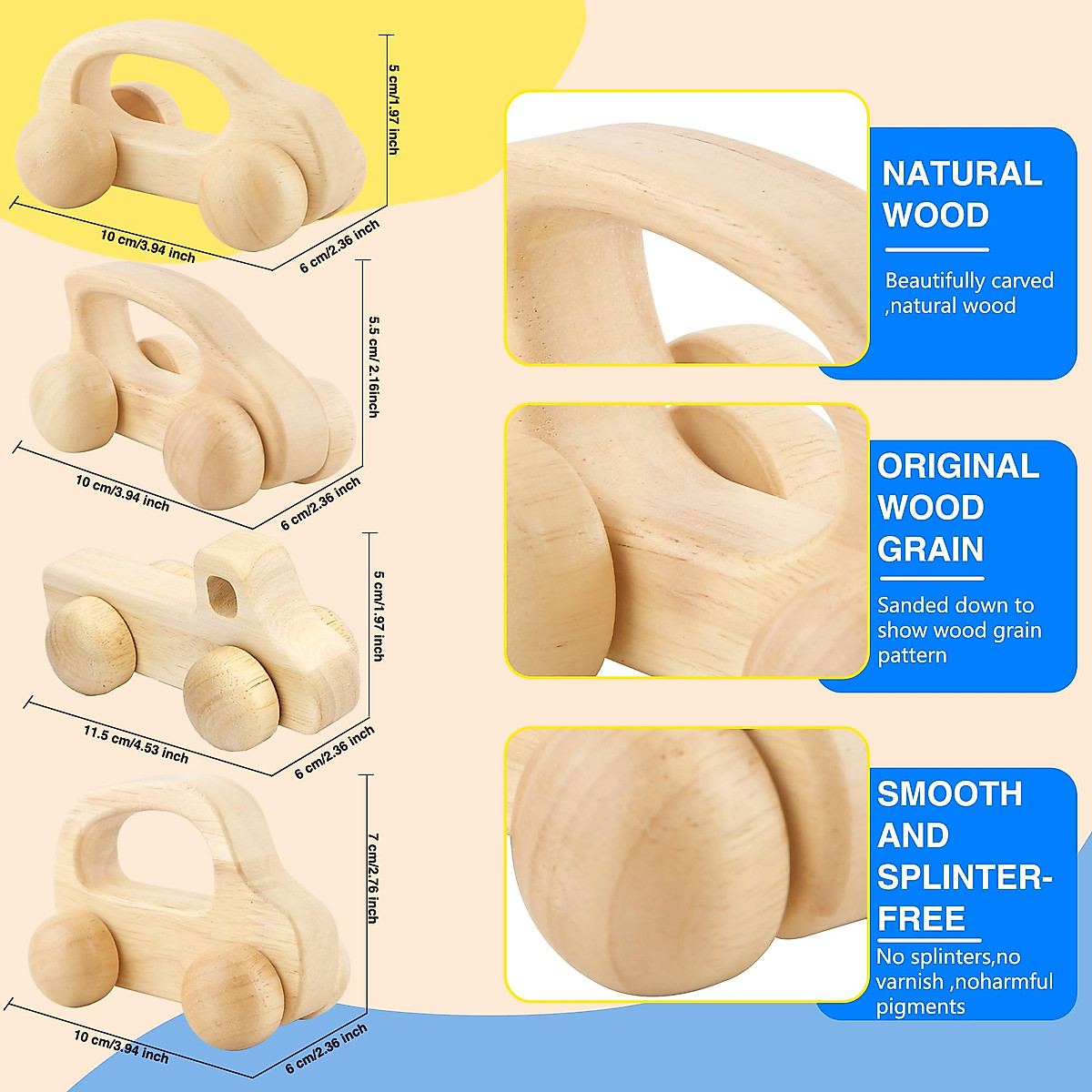 Fahacop 4 Pack Wooden Toy Cars Mini Push Wood Truck Car Natural Wood Toys for Baby Toddler Birthday Gifts Nursery Decoration, 4 Styles