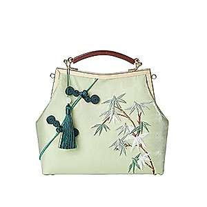 Women Chinese Classical Bamboo Embroidery Purse Vintage Embroidery Clutch Handag with Tassel and Pendant