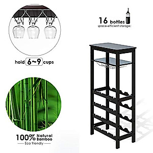 URFORESTIC Bamboo Wine Rack Free Standing Wine Holder Display Shelves with Glass Holder Rack, 16 Bottles Stackable Capacity for Home Kitchen