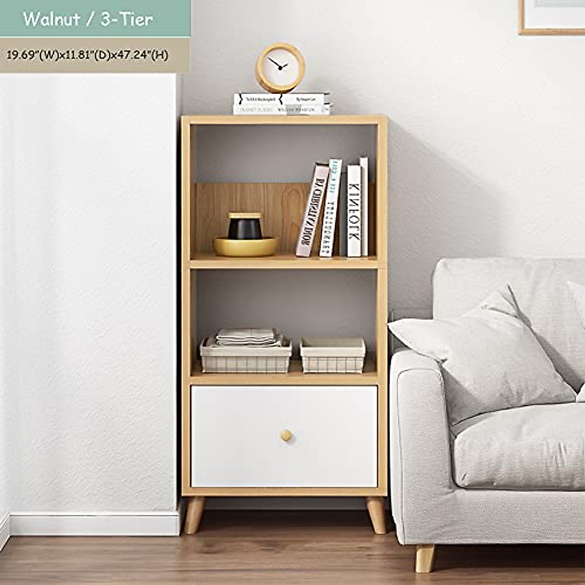 IOTXY 3-Tier Open Shelves Bookcase - 47 Inches Height Modern Floor Standing Cubes Wooden Low Bookshelf with Storage Drawer and Legs, Oak