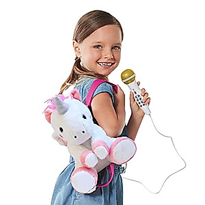 Singing Machine Kids Presents The Sing Along Crew Speaker & Microphone Plush, Karaoke Backpack with Songs, Sound Effects & Recording, Uni Queen, White and Pink (SMK012)