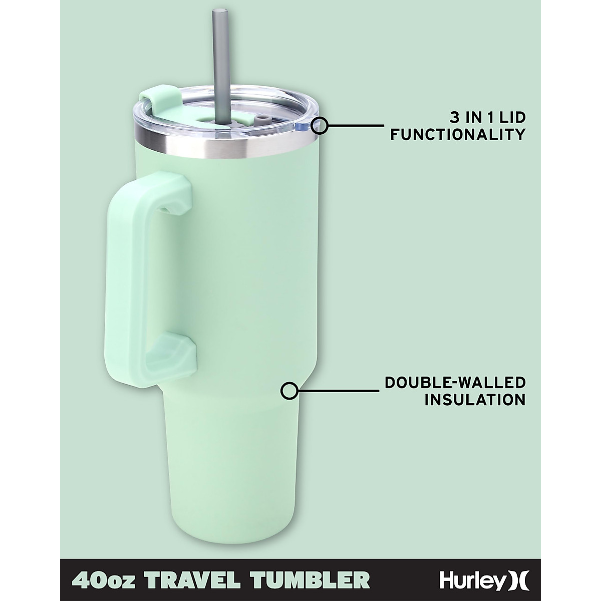 Hurley Tumbler Thermos - 40oz Double Wall Vacuum Insulated Travel Mug with Handle - BPA Free Stainless Steel Water Bottle - Leak Proof Hot and Cold Coffee Car Cup, Size 40 Ounces