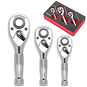 TOMMARS Stubby Ratchet Set, 1/4", 3/8", 1/2" Drive Ratchet Handle Wrench 72-Tooth Quick-Release Reversible