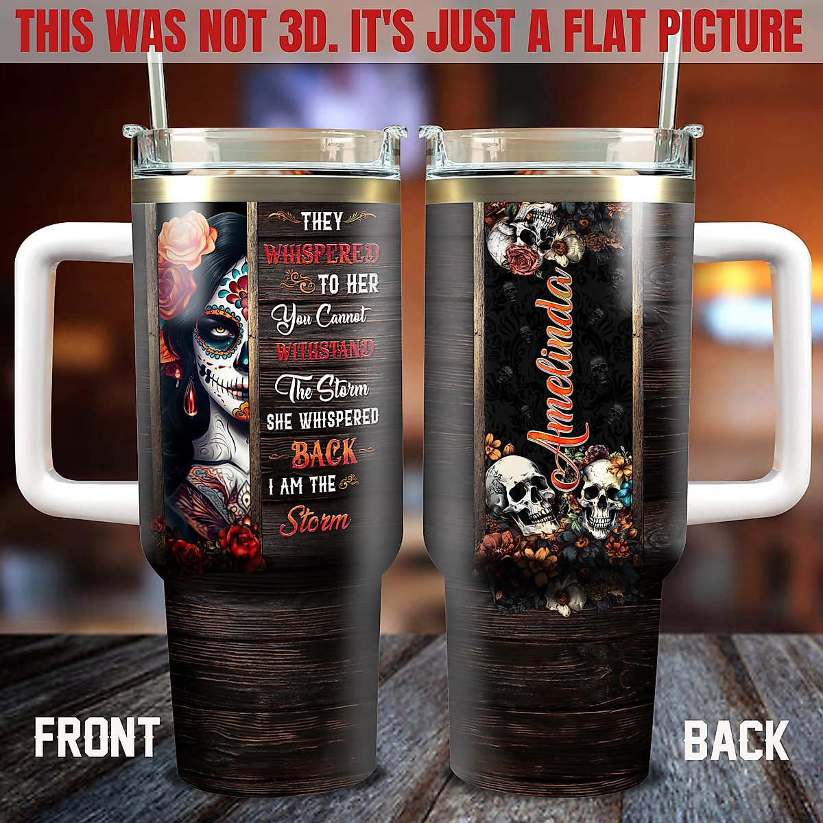 WAZONE Personalized Skull 40oz Tumbler with Handle Lid and Straw Custom Name Wood Drawing Style Double Wall Vacuum Tumblers Insulated Stainless Steel Coffee Travel Mug Novelty Halloween Day Gifts