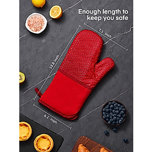 Oven Mitts, Heat Resistant Kitchen Oven Gloves 572°F, Non-Slip Silicone Surface, Extra Long Flexible Thick Mitts for Kitchen, Cooking, Baking, BBQ, Grid Red