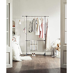 SONGMICS Double Rod Clothes Rack, Adjustable Garment Clothing Rack, Hanging Rail on Wheels, Gray ULLR401