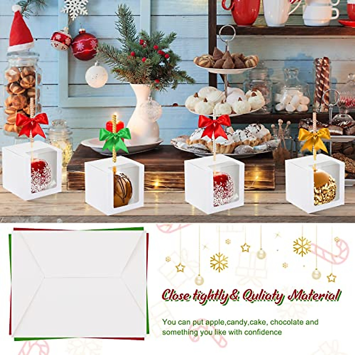 100 Pcs Candy Apple Boxes with Hole Caramel Apple Boxes 4 x 4 x 4 Inch Apple Gift Box Cookies Chocolate Apple Container with Clear Window for Harvest Autumn Party Wedding Baby Shower (White)