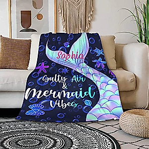 Personalized Mermaid Blanket Custom Name Blanket for Girls Women Customized Mermaid Tail Scale Blanket Cute Animal Soft Cozy Lightweight Fleece Throw Blanket Birthday Gift For Sofa Bed XS For Toddlers