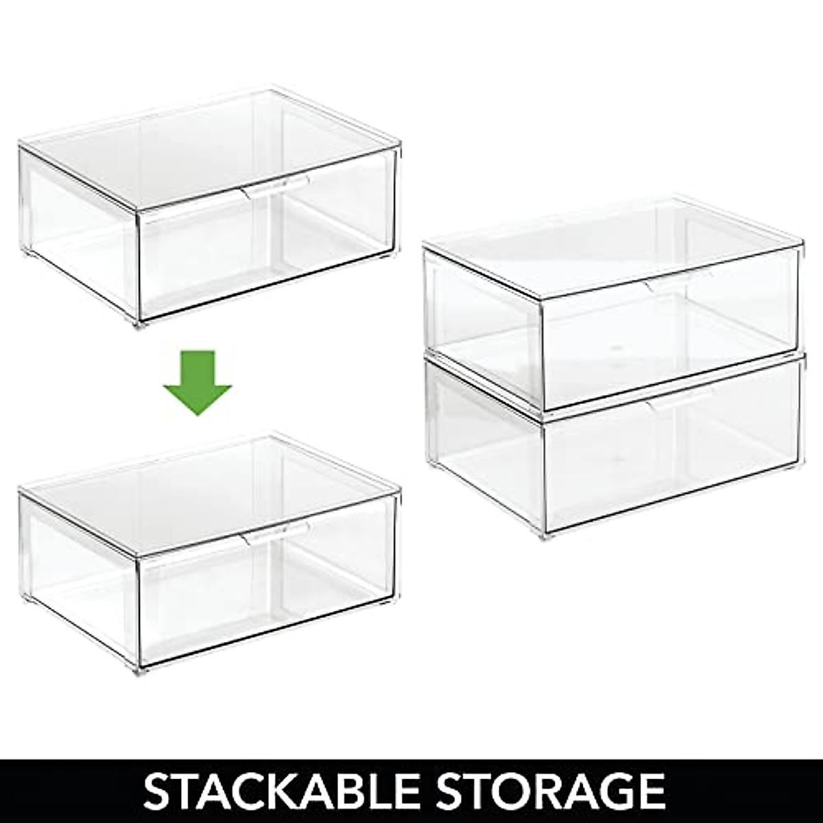 mDesign Plastic Stackable Kitchen Storage Organizer Bins with Pull Out Drawer for Cabinet, Pantry, Fridge, Freezer, Shelf, Refrigerator Organization - Lumiere Collection - 2 Pack - Clear