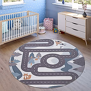 Kids Rug Play Mat Mountain Road with Bears & Trees for Playroom in Blue , Size: 2'8" x 4'11"