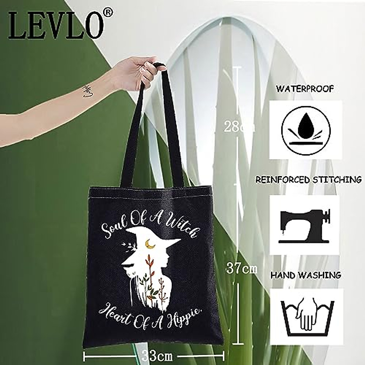 LEVLO Witch Canvas Tote Bag Witchy Gift Soul Of a Witch Heart Of a Hippie Shoulder Bag Witch Magic Merchandise (Soul Of a Witch BT)