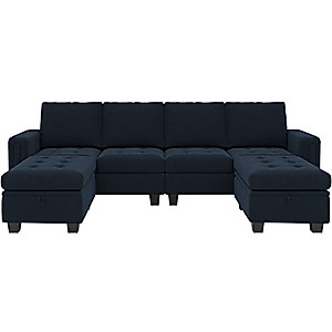 Belffin Velvet U Shaped Sectional Sofa Couch with Storage Ottoman Convertibel Sectional Sofa with Reversible Chaises Blue