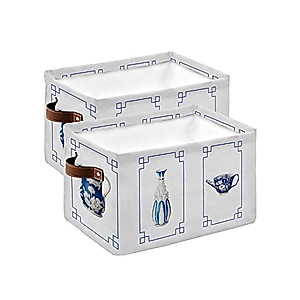 Retro Classic Chinese Porcelain Art Cube Storage Organizer Bins with Handles,2-PC 15x11x9.5 In Collapsible Canvas Cloth Fabric Storage Basket,Rustic Blue White Floral Flower Toys Bin Boxes for Shelves