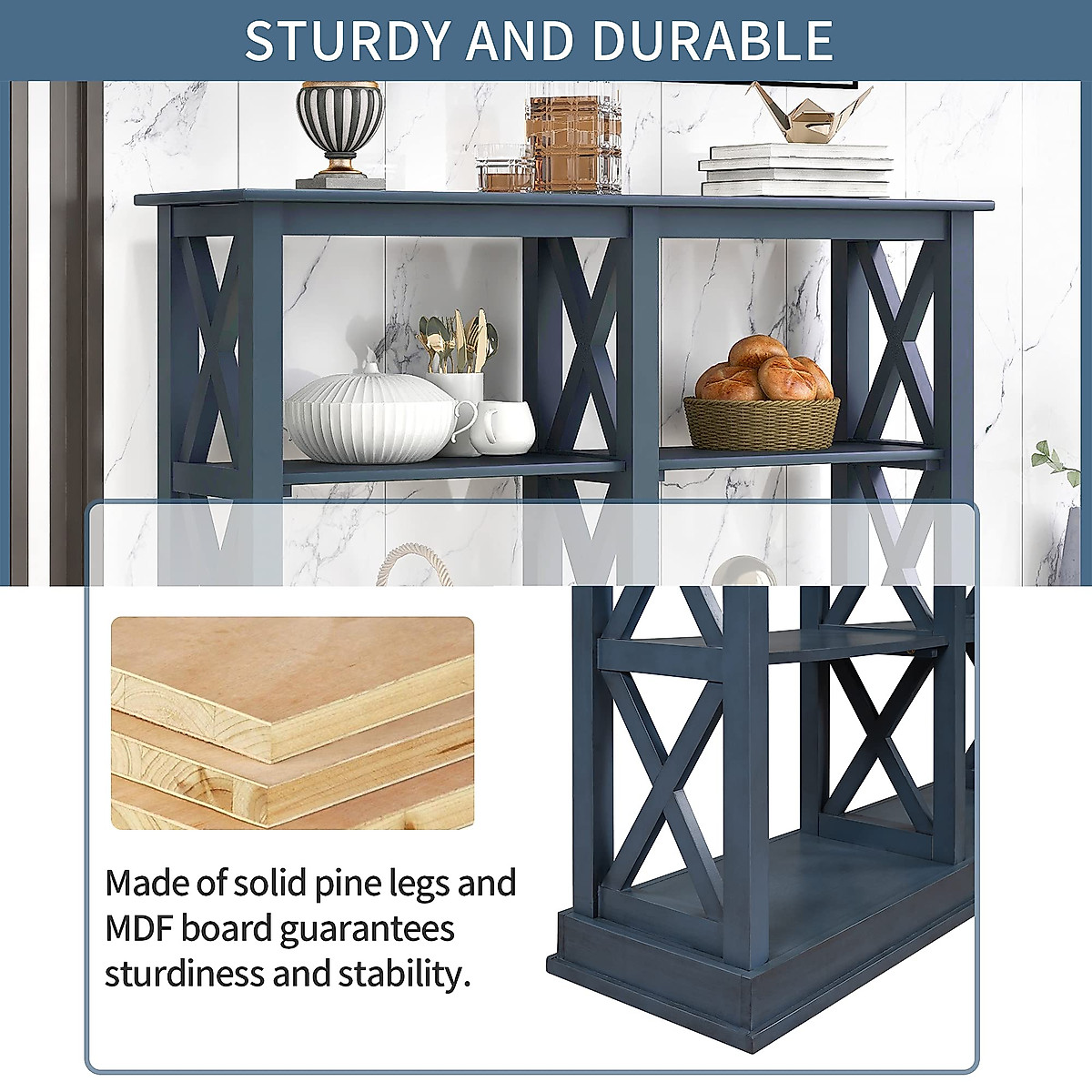 LUMISOL Narrow Industrial Console Table with 3 Tier Shelves, Entryway Table with X-Shape-Design Bookshelf, Sofa Table with Storage for Entryway, Navy Blue