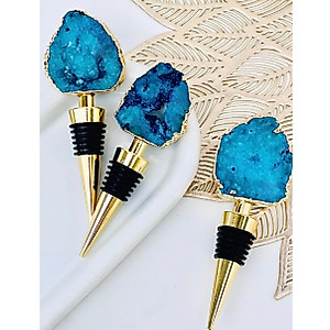 LUXE CRYSTAL CO. Handcrafted Teal Green Natural Crystal Geode Agate Druzy Gold Electroplated Crystal Wine Champagne Stopper Handmade Bottle Barware Housewarming Bridal Shower Gift