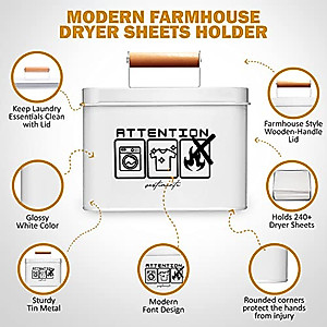 Vestimente Gloss Finish Metal Modern Farmhouse Laundry Storage Container | Laundry Room Decor/Organizers | Dryer Sheets Holder/Bin | Laundry Accessories (White)