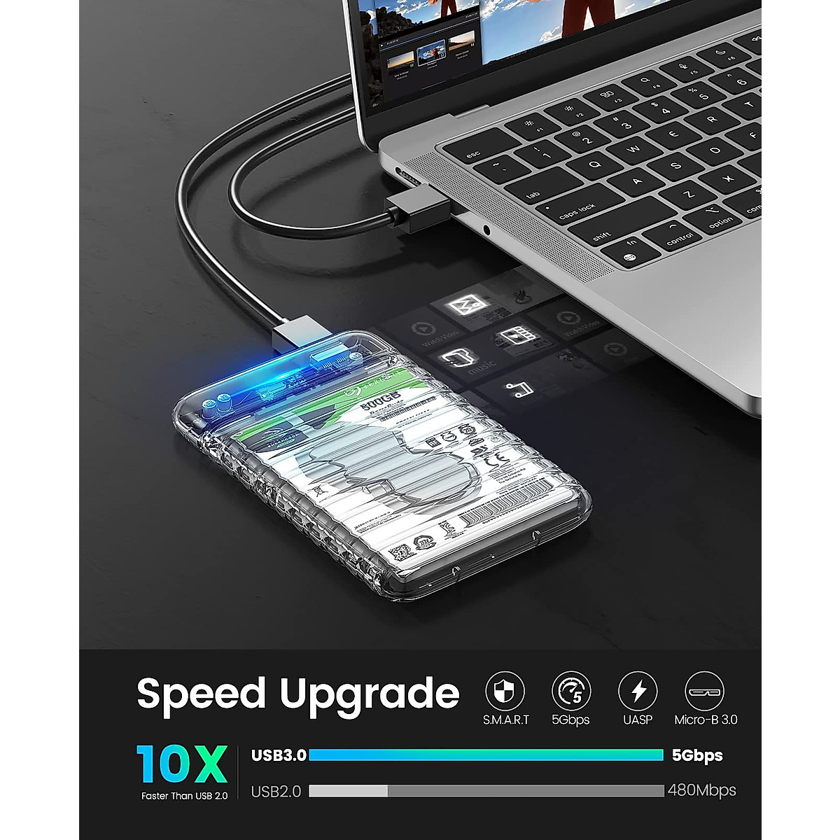 ORICO 2.5 inch External Hard Drive Enclosure USB 3.0 to SATA III Tool-Free Clear Hard Disk Case for 7mm 9.5mm SATA HDD SSD Max 6TB Support UASP (2139U3)