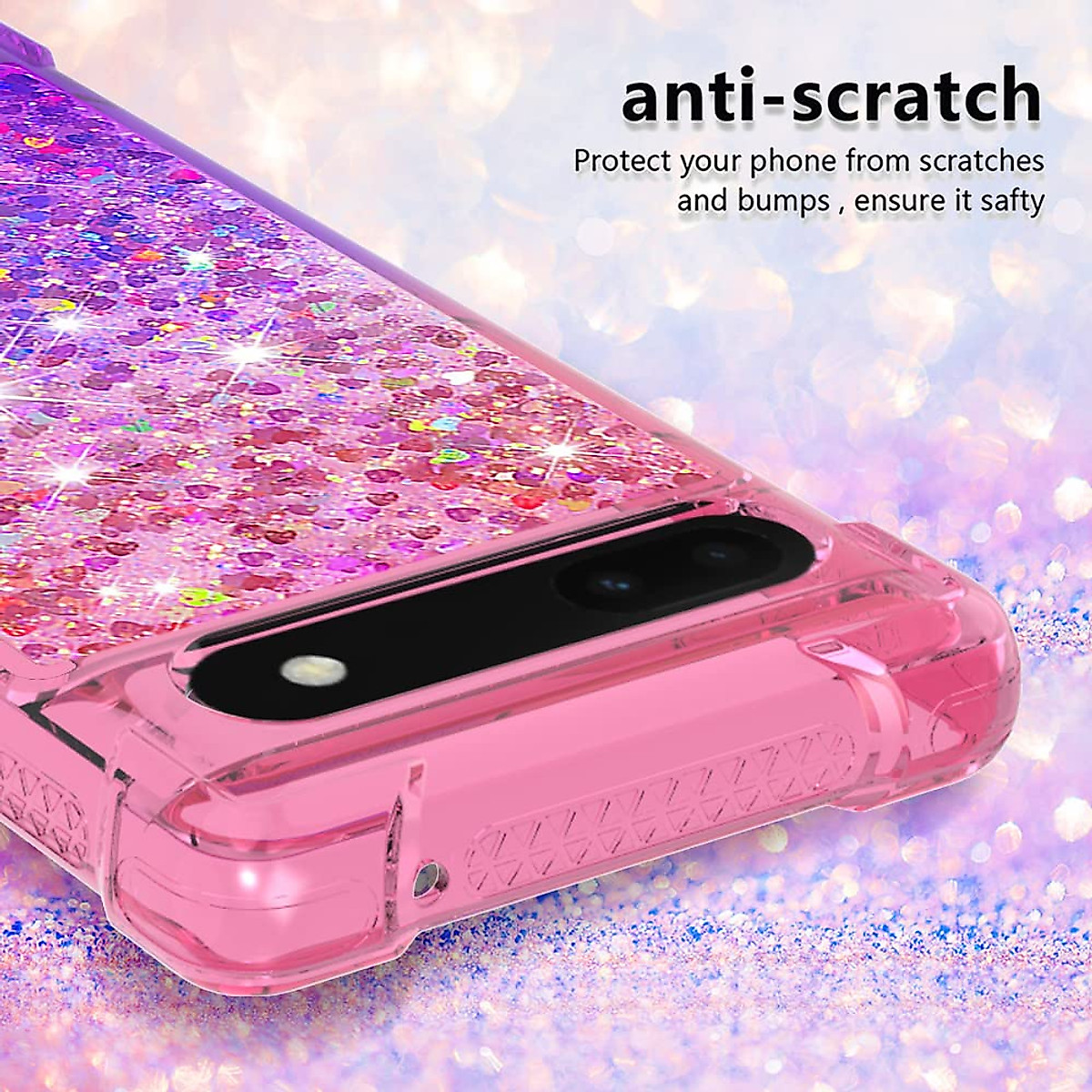 for Google Pixel 6a Case with Screen Protector, Glitter Bling Floating Liquid Women Girls Soft TPU Slim Cute Shockproof Phone Case Protective Cover for Google Pixel 6a Case -Purple Pink