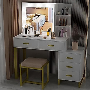 Hsozptry Makeup Vanity Desk with Mirror and Lights,Makeup Vanity Table Set with 5 Drawers,Cushioned Stool and Lightings, 45.51 inch Dressing Table for Bedroom Women Girls