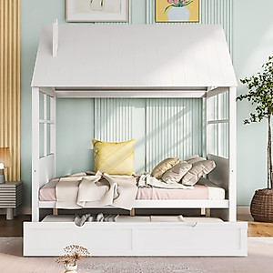 BIADNBZ Full Size House Bed with Twin Trundle, Wooden Platform BedFrame Daybed w/Roof&Window for Kids Boys Girls Bedroom, White