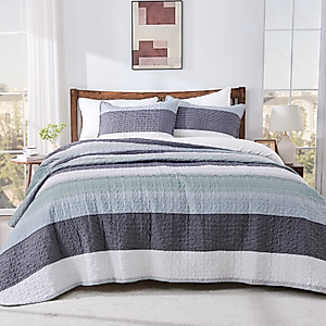 Andency Stripe Quilt Set Twin(68x86Inch), 2 Pieces (1 Striped Quilt and 1 Pillowcase) Mint Green Patchwork Striped Bedspread Coverlet Set, Soft Microfiber Stitched Quilt Bedding Set