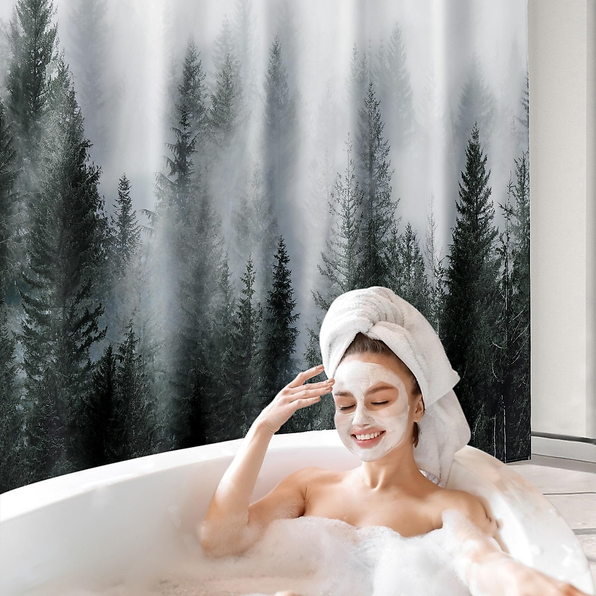 ORTIGIA Misty Forest Shower Curtains,Nature Shower Curtain,Woodland Shower Curtain,Fantasy Fog Magic Winter Tree Bath Curtain for Bathroom,Waterproof Polyester Fabric 72" Wx72 L-with Hooks