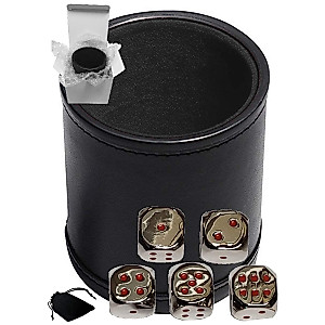 Cyber-Deals Set of Dice Cup Black PU Leather w/Plush Black Felt Lined + 16mm Zinc Alloy Metal Dice, Gift Boxed (Nickel, Red)