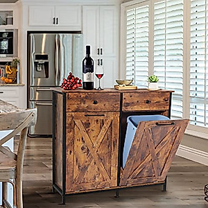 UEV Double Barn Door Style Trash Cabinet, Double Tilt Out Trash Cabinet with Solid Hideaway Drawer,Rustic Kitchen Trash Cabinet,Free Standing Wooden Kitchen Recycling Cabinet Trash Can Holder