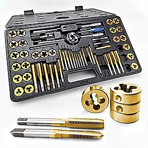 Azuno 60PCS Metric&SAE Tap and Die Set, Titanium Coated GCr15 Bearing Steel with T-Handle/Wrench/Gauge/Screwdriver in Storage Case, Master Threading Toolkit