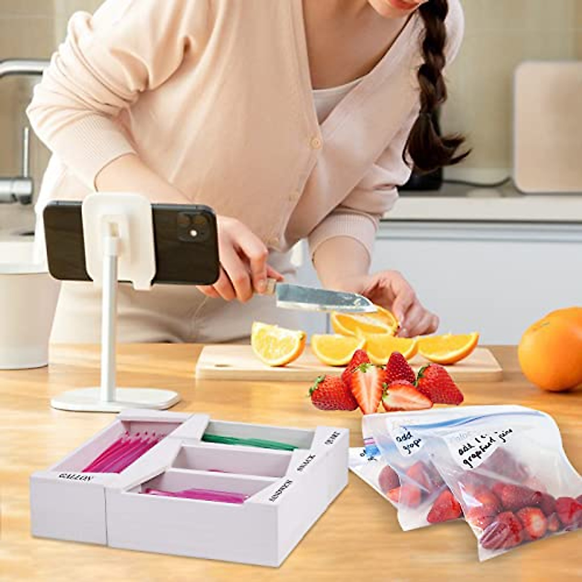 Ziplock Bag Storage Organizer for Drawer-Wood Ziplock Bag Storage Holds Kitchen Drawer or Wall Hanging, Holds Gallon, Quart, Snack Sizes, Sandwich Compatible with Hefty, Glad