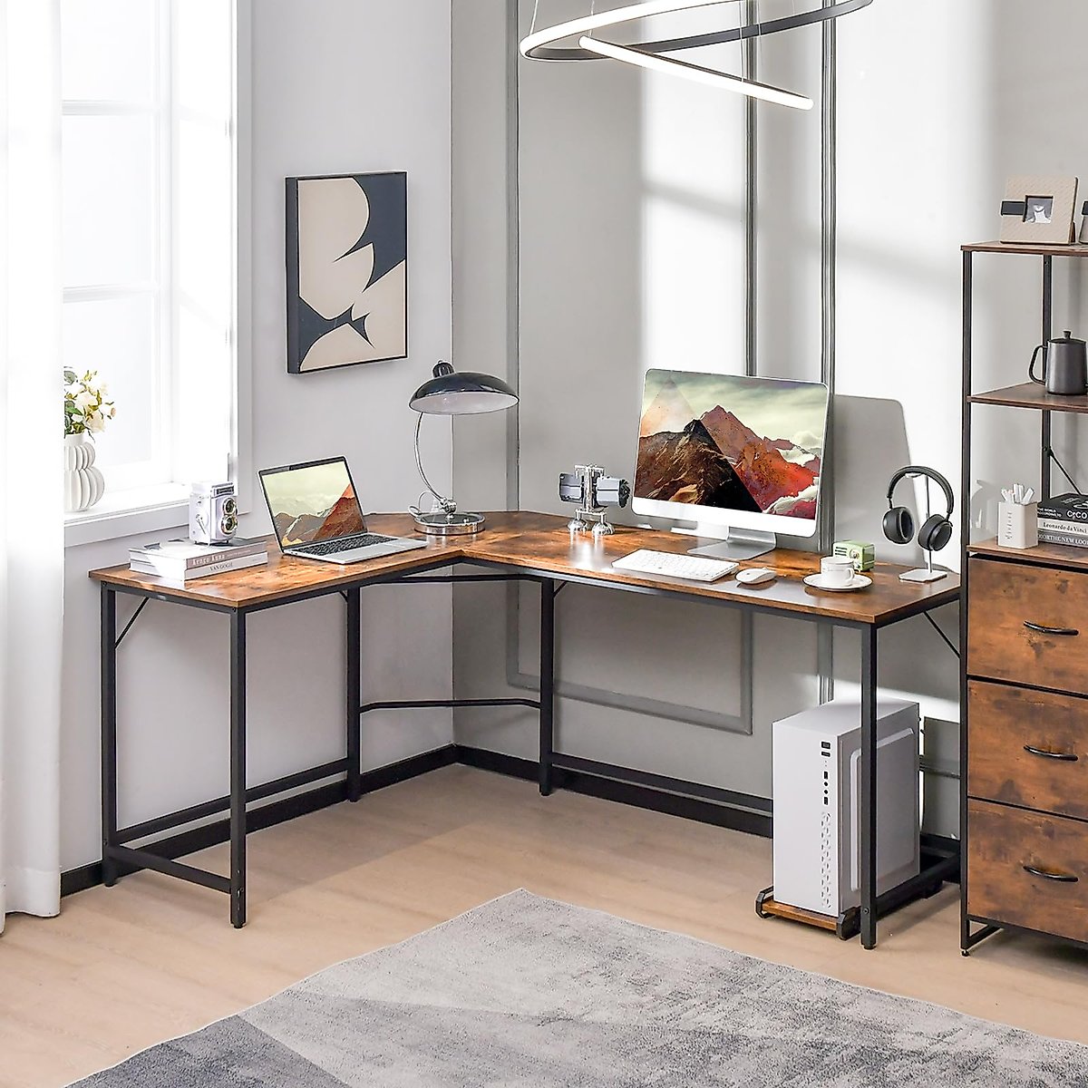 COSTWAY L-Shaped Desk with CPU Stand, 66 Inch Wooden Top Space-saving Corner Desk w/Metal Frame, Large Computer Gaming PC Desk, Writing Table Study Desk for Bedroom, Study, Office (Rustic Brown)