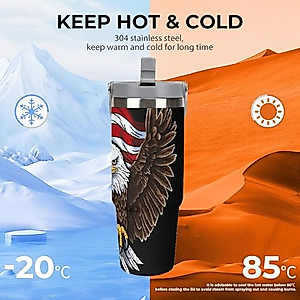 30oz Stainless Steel Insulated Tumbler with Flip Lid & Straw, Leakproof Travel Mug for Car, USA Flag Patriotic Eagle Double Wall Vacuum Thermal Coffee Cup with Handle, Spill-Proof Design for Hot/Cold