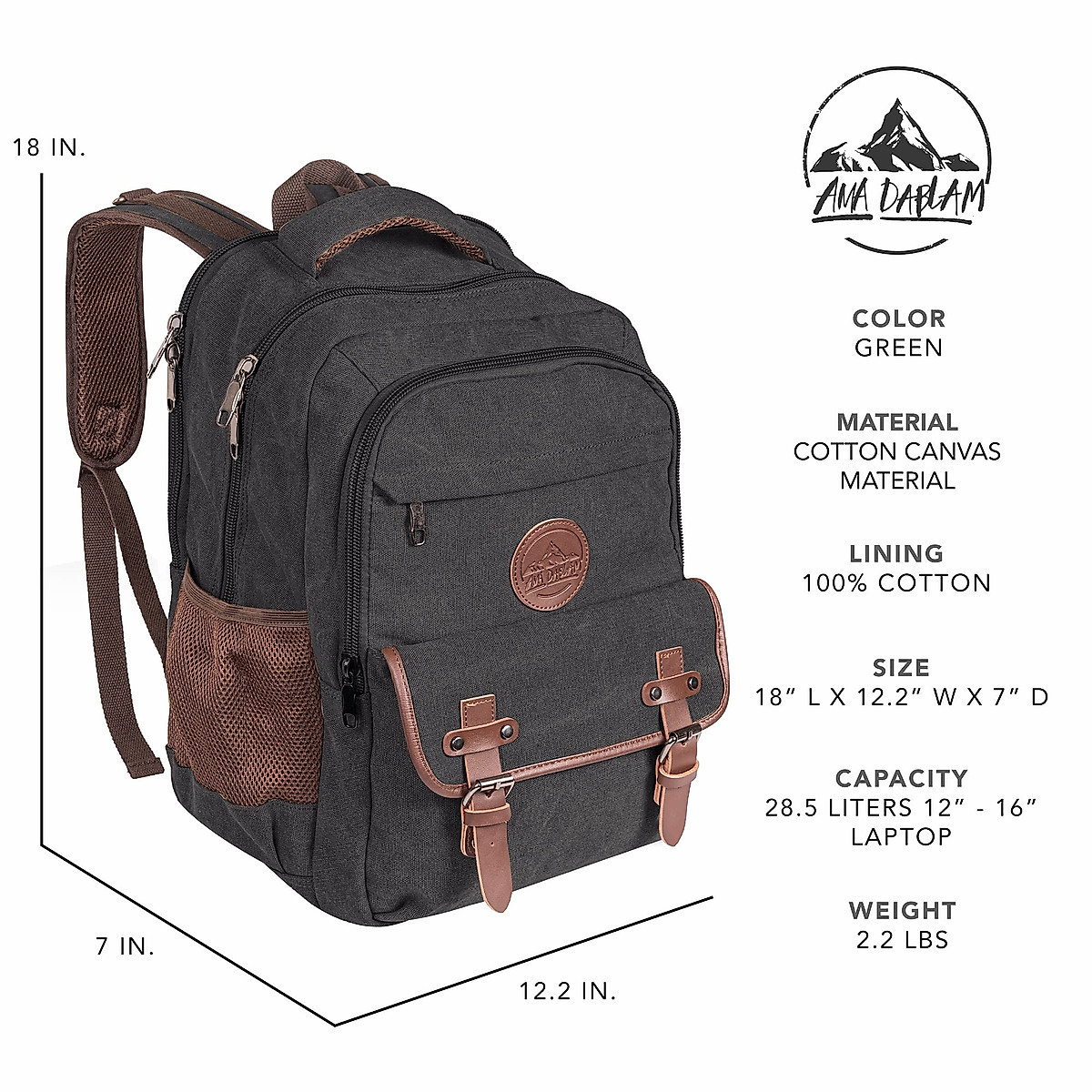 Ama Dablam Canvas Laptop Backpack for School Work & Travel (CarryOn), Cotton w/ 17in Sleeve | Waterproof | Durable (XL, 30 Liter) Lone Pine