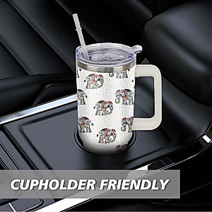 qoepfnsh 40 oz Elephant Tumbler with Handle and Straw, Boho Bohemian Floral Stainless Steel Vacuum Insulated Travel Coffee Mug Cup Water Bottle, Elephant Stuff Accessories Decor Gifts for Women Girls