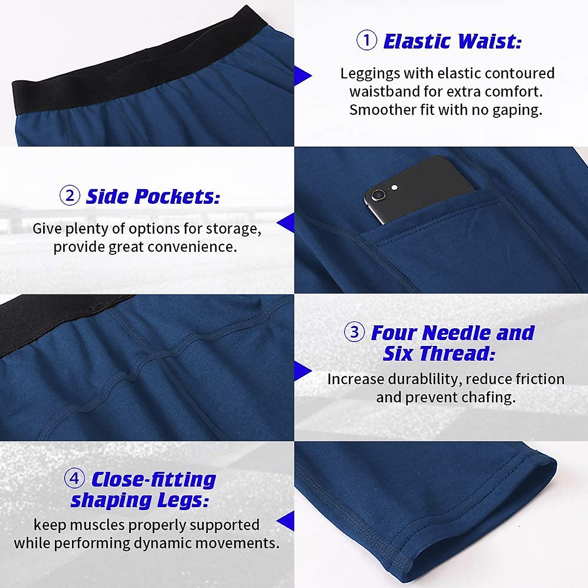 EARGFM Men's Compression Pants Athletic Leggings Workout Running Tights Dry Base Layer with Pockets Active Cycling Pants Blue