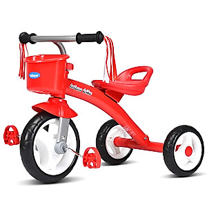 INFANS Kids Tricycle Rider with Adjustable Seat, Storage Basket, Premium Quiet Wheels, Non-Slip Handle (Green)
