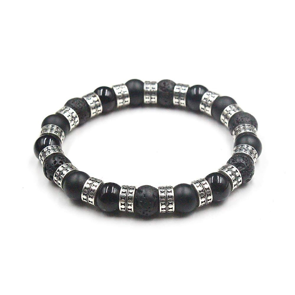 Mixed Black Stone and Sterling Silver Bracelet, Lava Stone, Matte Black, Polished Onyx, Bracelet for Men, Quality Beaded Jewelry