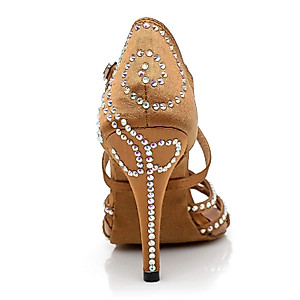 Minishion Dance Shoes for Women Glitter Ankle Strap Heels L360 Brown 4" Heel US 8