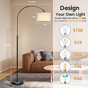 Lambaolom Arc floor lamps for living room,mid century modern black Standing tall lamp with Adjustable Hanging Drum Shade Foot Switch,for Over Couch Arched Reading Light Bedroom Office 9W LED Bulb