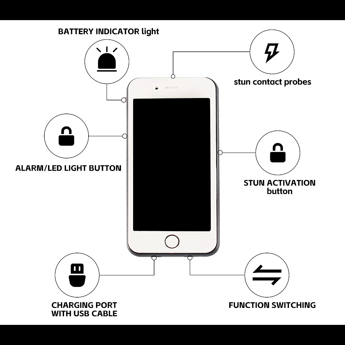 Magicutlery Smart Cell Phone Stun Gun Flashlight LED+15,000,000 Volts + SOS Personal Alarm Self Defense Siren for Women and Man Cellphone Tayser Stund Shock Gun Tazor Stungun USB Recharge