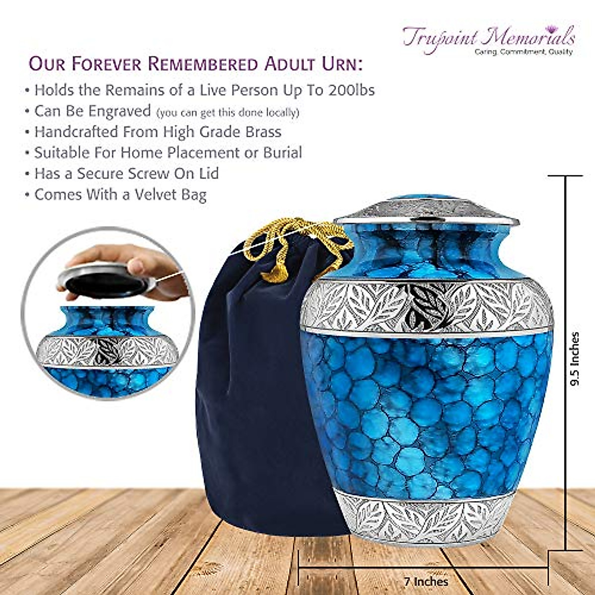 Trupoint Memorials Cremation Urns for Human Ashes - Decorative Urns, Urns for Human Ashes Female & Male, Urns for Ashes Adult Female, Funeral Urns - Royal Blue, Large