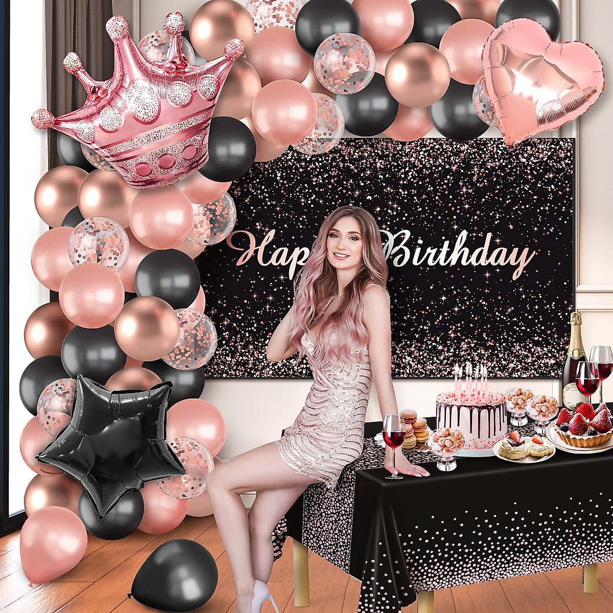 Black and Rose Gold Party Decorations, Rose Gold and Black Balloon Garland Kit with Birthday Backdrop Tablecloth for Women Girls Rose Gold Black Birthday Party Decorations Supplies