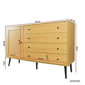 Mid-Century Sideboard Buffet Cabinet，Melpoemen Kitchen Storage Cabinet with Rattan Decorated Door and 4 Drawers，Liquor Cabinet, Dining Room, Hallway, Cupboard Console Table, Accent Cabinet,Natural