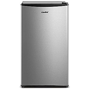 COMFEE' CRM33S3AST Cubic Feet Compact Singel Door Mini Fridge for Bedroom Office Garage Studio Dorm with 3 Removal Glass Shelves Stainless Steel Refrigerator, 3.3 Cuft, Silver